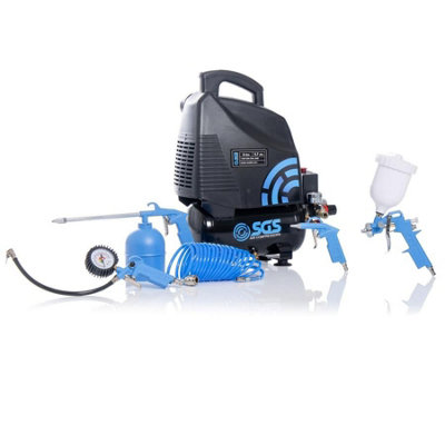 SGS 6 Litre Oil Free Air Compressor 5 Pc Air Hose & Air Tools Kit - 5 ...