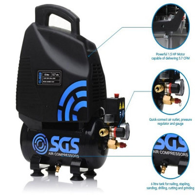 SGS 6 LITRE PORTABLE AIR COMPRESSOR, OIL FREE 1.5HP 5.7CFM 115PSI ...