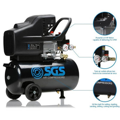 SGS Air Compressor 24 Litre Direct Drive, 9.6CFM 2.5HP with Twin Air ...