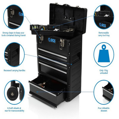 SGS Mobile Rolling Suitcase Tool Box 4 Drawers, Top Box w/ Tray, Clasps ...