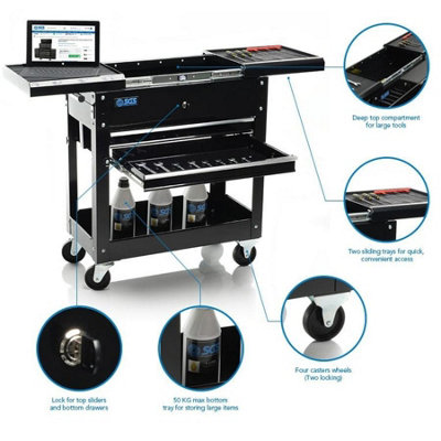 SGS Tool Cart Trolley & Workstation w/ 2 Drawers For Workshop Garage ...