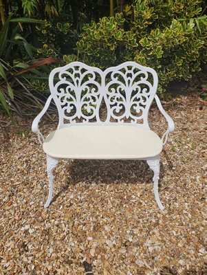 SH&G 2 Seater Love Bench - White Cast Aluminium with Cream Cushion ...