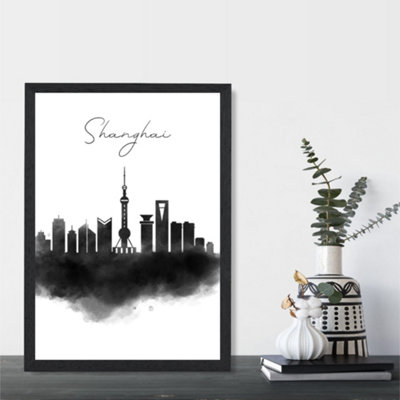 Shanghai Watercolour Skyline City Art Print with Black Frame SIZE: A4