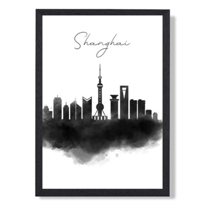 Shanghai Watercolour Skyline City Framed Print SIZE: A2 with Black Frame