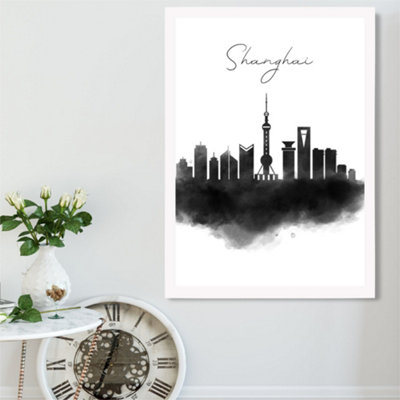 Shanghai Watercolour Skyline City Framed Print SIZE: A2 with White Frame