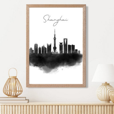 Shanghai Watercolour Skyline City Framed Print SIZE: A3 with Oak Frame