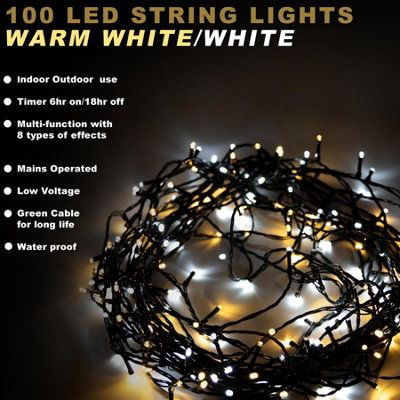 Shatchi 100 LEDs Warm and Cool White Christmas String Lights 10m Lit - Multifunction 8 Light Modes