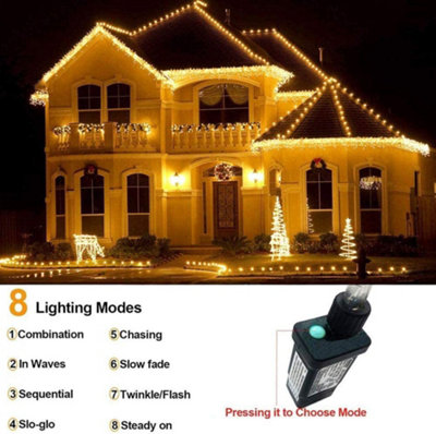 Shatchi 240 Warm White ICICLE LED Lights Clear Cable with 8 Effects Multifunction Auto Memory ...