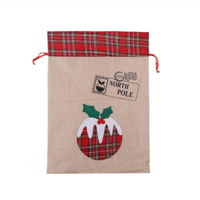 SHATCHI Large Santa Sack Stocking Printed Pattern Burlap Hessian Linen ...
