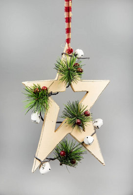 Shatchi Wooden Hanging Decoration Star Shape Cream 25X1.2X36 CM