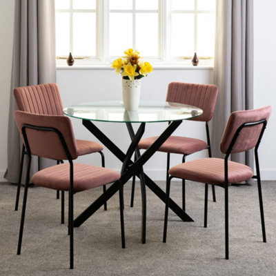 Sheldon Round Clear Glass Top Dining Set with 4 Pink Fabric Chairs | DIY at B&Q