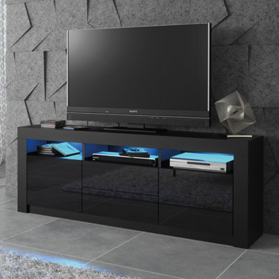 Shine TV Unit 160cm Black with High Gloss Doors and LED Lighting ...