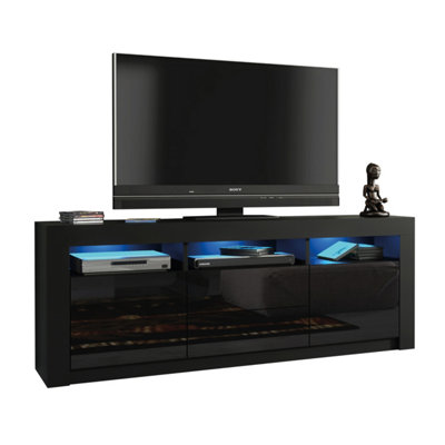 Shine TV Unit 160cm Black with High Gloss Doors and LED Lighting ...
