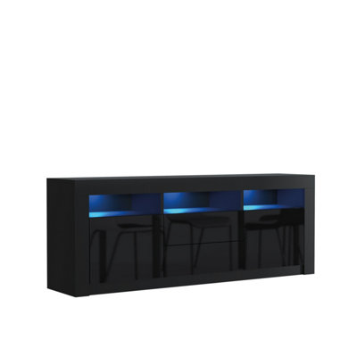 Shine TV Unit 160cm Black with High Gloss Doors and LED Lighting ...