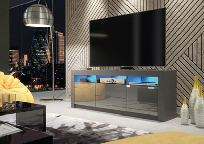 Shine TV Unit 160cm Dark Grey with High Gloss Doors and LED Lighting ...
