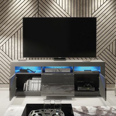 Shine TV Unit 160cm Dark Grey with High Gloss Doors and LED Lighting ...