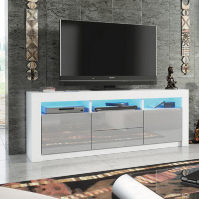 Shine TV Unit 160cm White & Grey with High Gloss Doors and LED Lighting ...