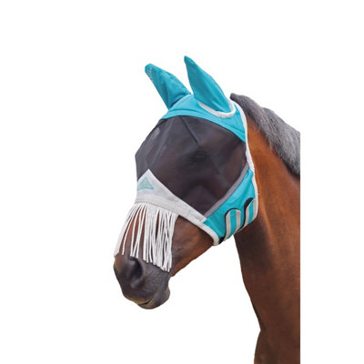 Shires Fine Mesh Horse Fly Mask With Ears & Nose Fringe Teal (Pony)
