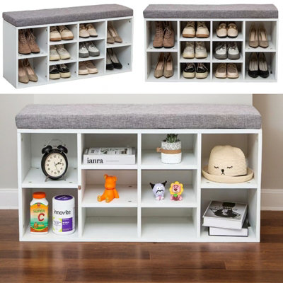 Shoe Bench Storage Rack Wooden Cabinet Cushion Seat Organiser Grey ...
