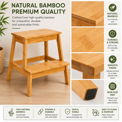 ShopnBits Bamboo Step Ladder Stool Two Step Kitchen Stool Wooden Step ...