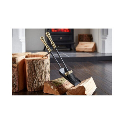 Shovel & Brush Fireplace Set Black & Brass - FIRE98 | DIY at B&Q