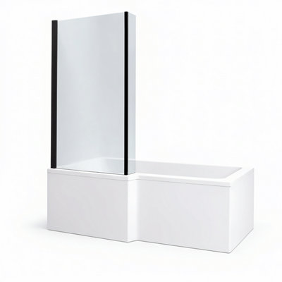 Shower Bath 1600mm L-Shaped Left-Hand with Black Hinged Screen White ...
