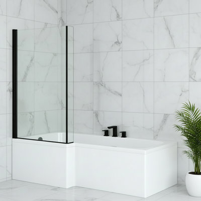 Shower Bath 1600mm L-Shaped Right-Hand with Black Hinged Screen White ...