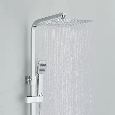 Shower Kit Twin Head Chrome Square Fixed Riser Rail with Bath Mixer Tap Set