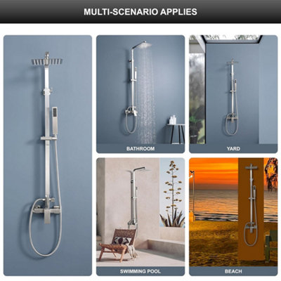Shower Kit Twin Head Chrome Square Fixed Riser Rail with Bath Mixer Tap Set