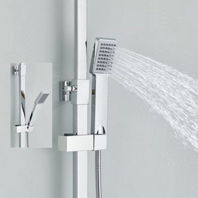 Shower Kit Twin Head Chrome Square Fixed Riser Rail with Bath Mixer Tap Set