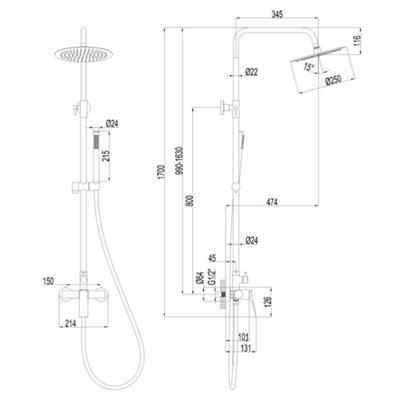 SHOWER MIXER COLUMN SET BRUSHED COPPER BRONZE WALL MOUNTED NERI PLUS