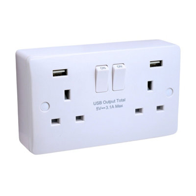 SHPELEC Curved Edge White 2 Gang Switched Socket with 2 USB Ports (Type ...