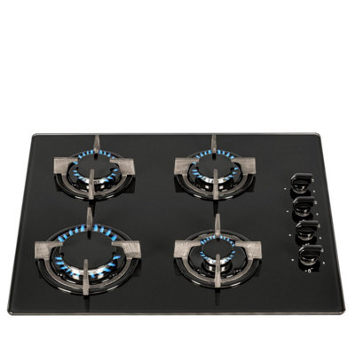 SIA GHG602BL 60cm 4 Burner Gas On Glass Hob In Black With Cast Iron Pan ...