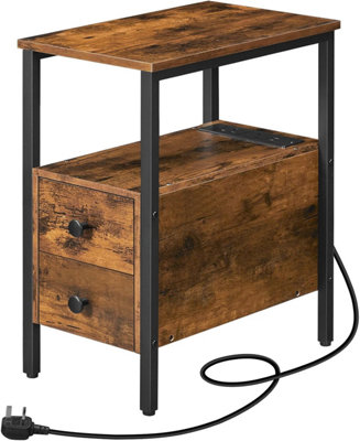 Side Table, Narrow Bedside Table with Charging Station, USB Ports ...