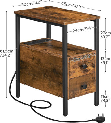 Side Table, Narrow Bedside Table with Charging Station, USB Ports ...
