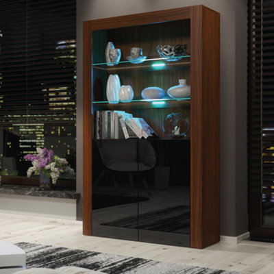 Sideboard 170cm Walnut Display Cabinet Modern Stand Black Gloss Doors ...