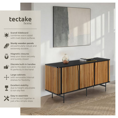 Sideboard Lineo, Slatted Design, 3 Cabinet Compartments, Solid Wood ...