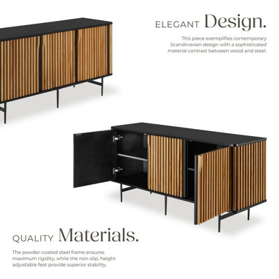 Sideboard Lineo, Slatted Design, 3 Cabinet Compartments, Solid Wood ...