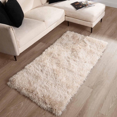 Sienna Large Shaggy Floor Rug Plain Soft Sparkle Glitter, Natural ...
