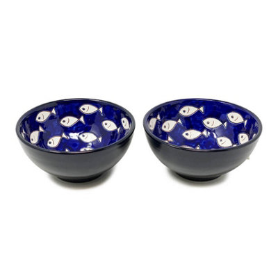 Signature Blue & White Fish Hand Painted Ceramic Set of 2 Mixed ...