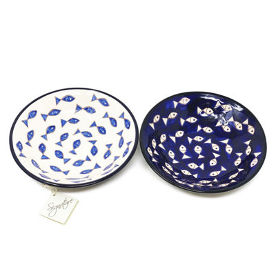Signature Blue & White Fish Hand Painted Ceramic Set of 2 Mixed Pasta ...
