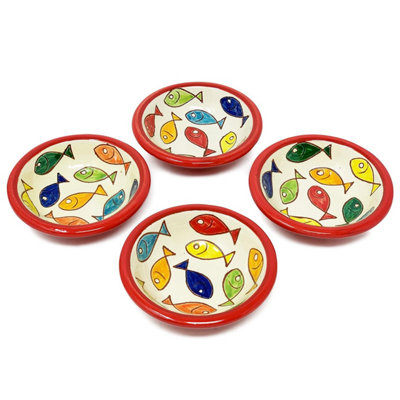 Signature Coloured Fish Hand Painted Ceramic Set of 4 Tapas Bowls Red ...