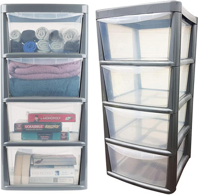 Silver 4 Drawer Storage Tower Unit With Clear Spacious Drawers For Home ...