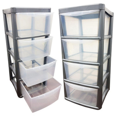Silver 4 Drawer Storage Tower Unit With Clear Spacious Drawers For Home ...