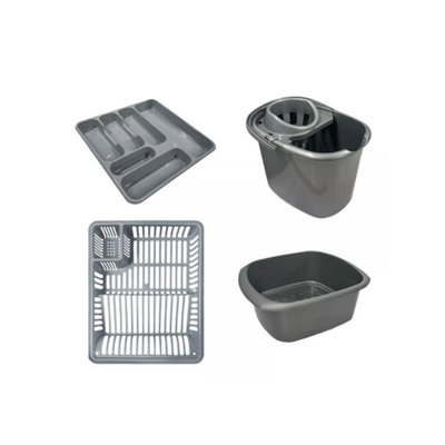 Silver 4 Piece Plastic Kitchen Sink and Cleaning Set Mop Bucket, Dish ...