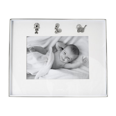 Silver Baby Photo Frame with Pram, Booties & Rattle Icons