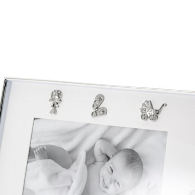 Silver Baby Photo Frame with Pram, Booties & Rattle Icons