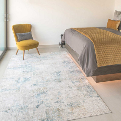 Silver Blue Metallic Distressed Geometric Living Area Rug 80x150cm