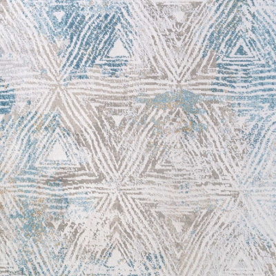 Silver Blue Metallic Distressed Geometric Living Area Rug 80x150cm