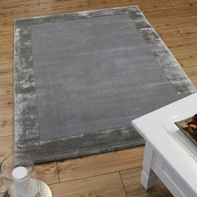 Silver Bordered Wool Handmade Modern Easy to Clean Handmade Rug For ...